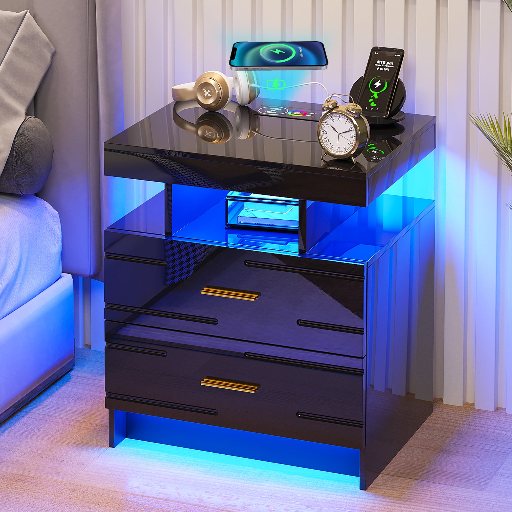 HNEBC LED Nightstand with Motion Sensor Lights, Modern Bedside Table ...