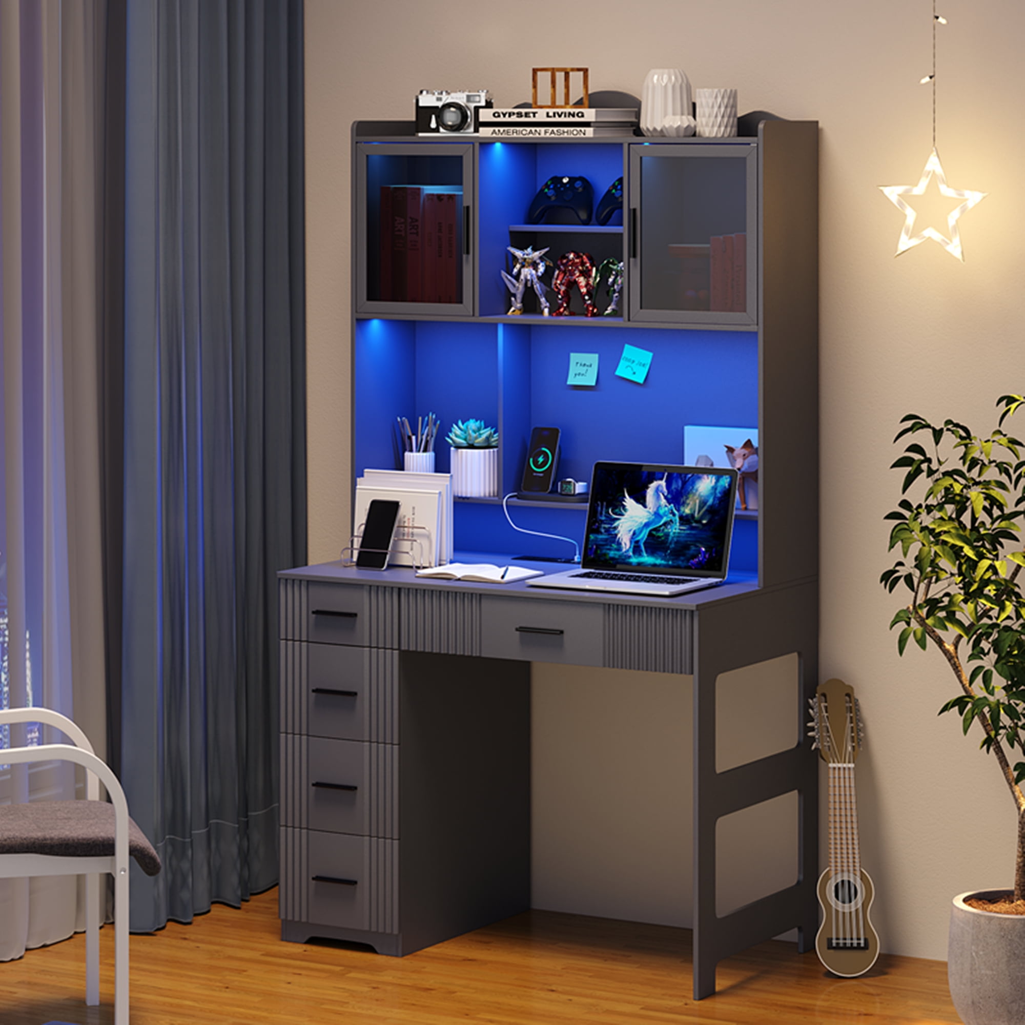 HNEBC LED Study Desk with Hutch and Drawer, Home Office Desk with ...