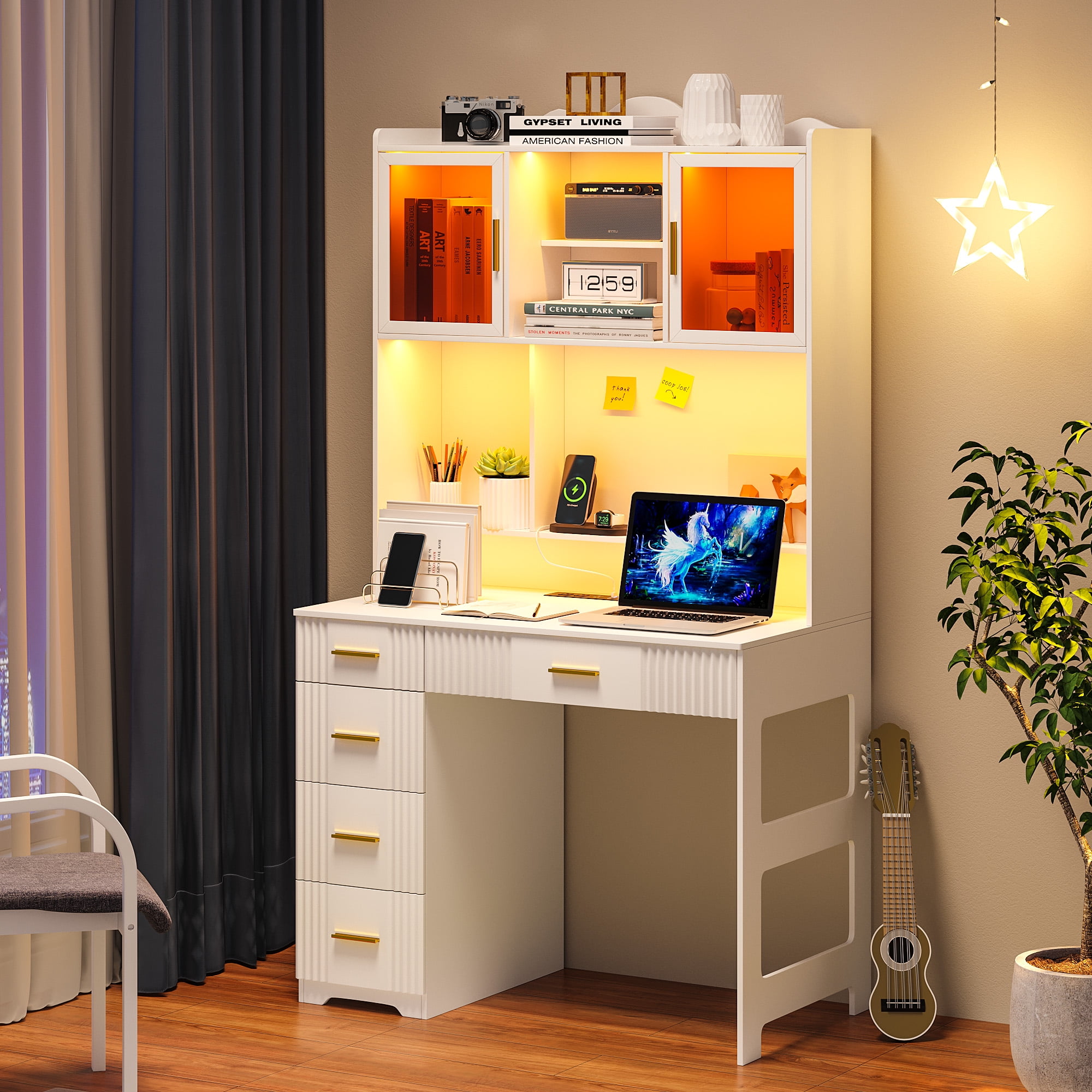 HNEBC Modern LED Study Desk with Built-in Charging Port, Hutch and ...