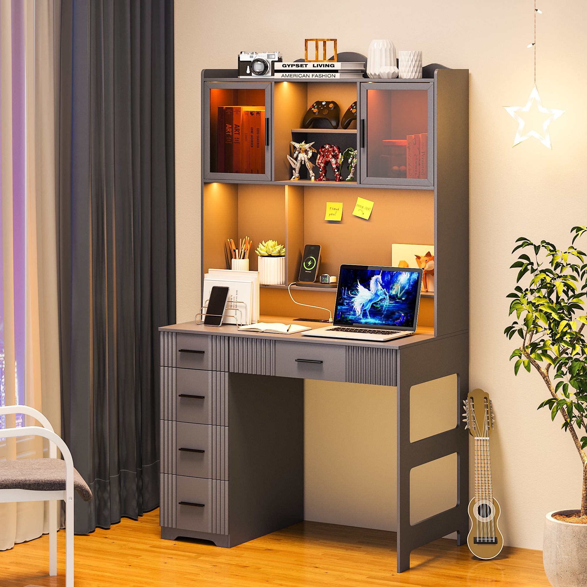 HNEBC LED Study Desk with Outlet, Hutch, Drawer, Charging Station for ...
