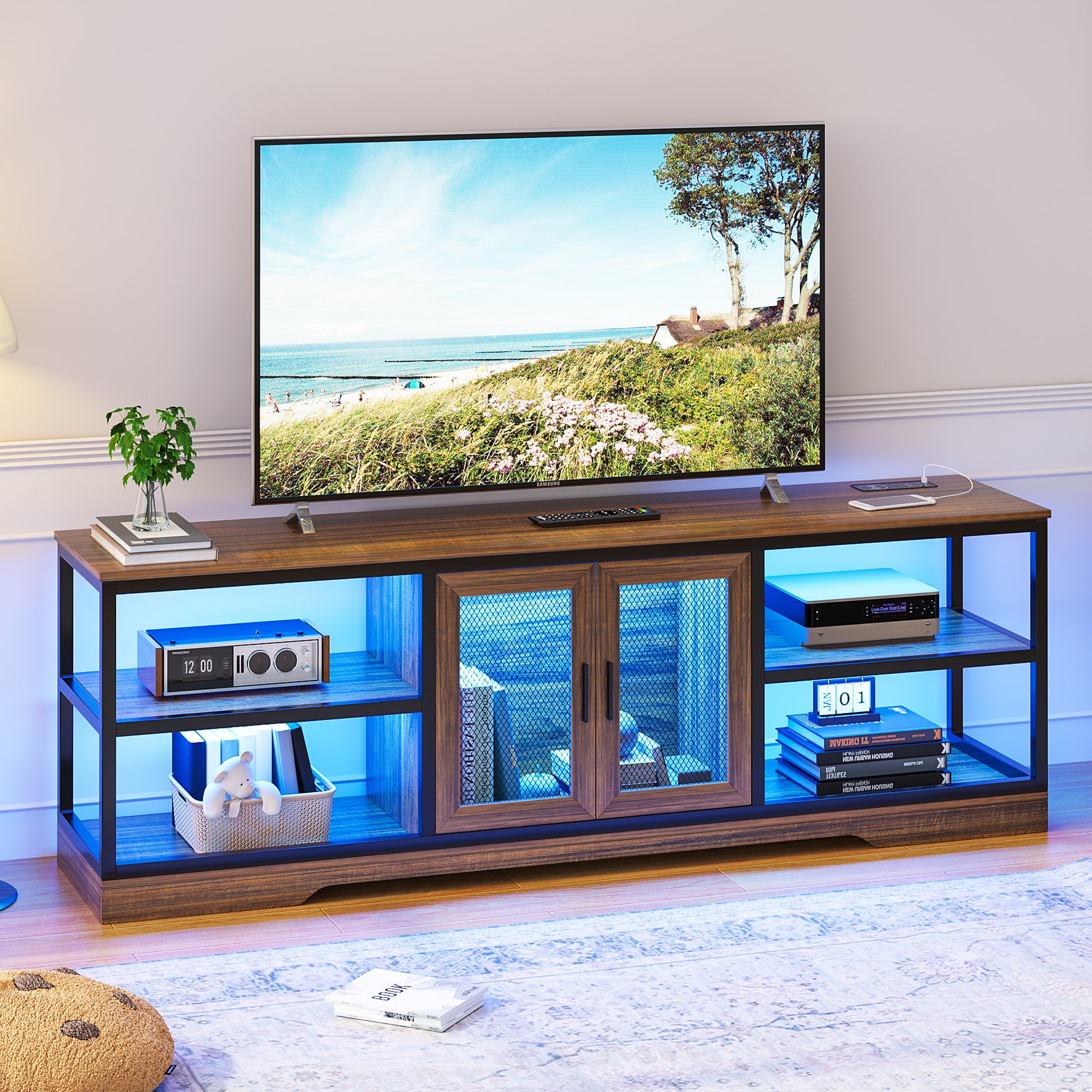 HNEBC LED TV Stand with Lights for TVs up to 75 inch, Entertainment ...