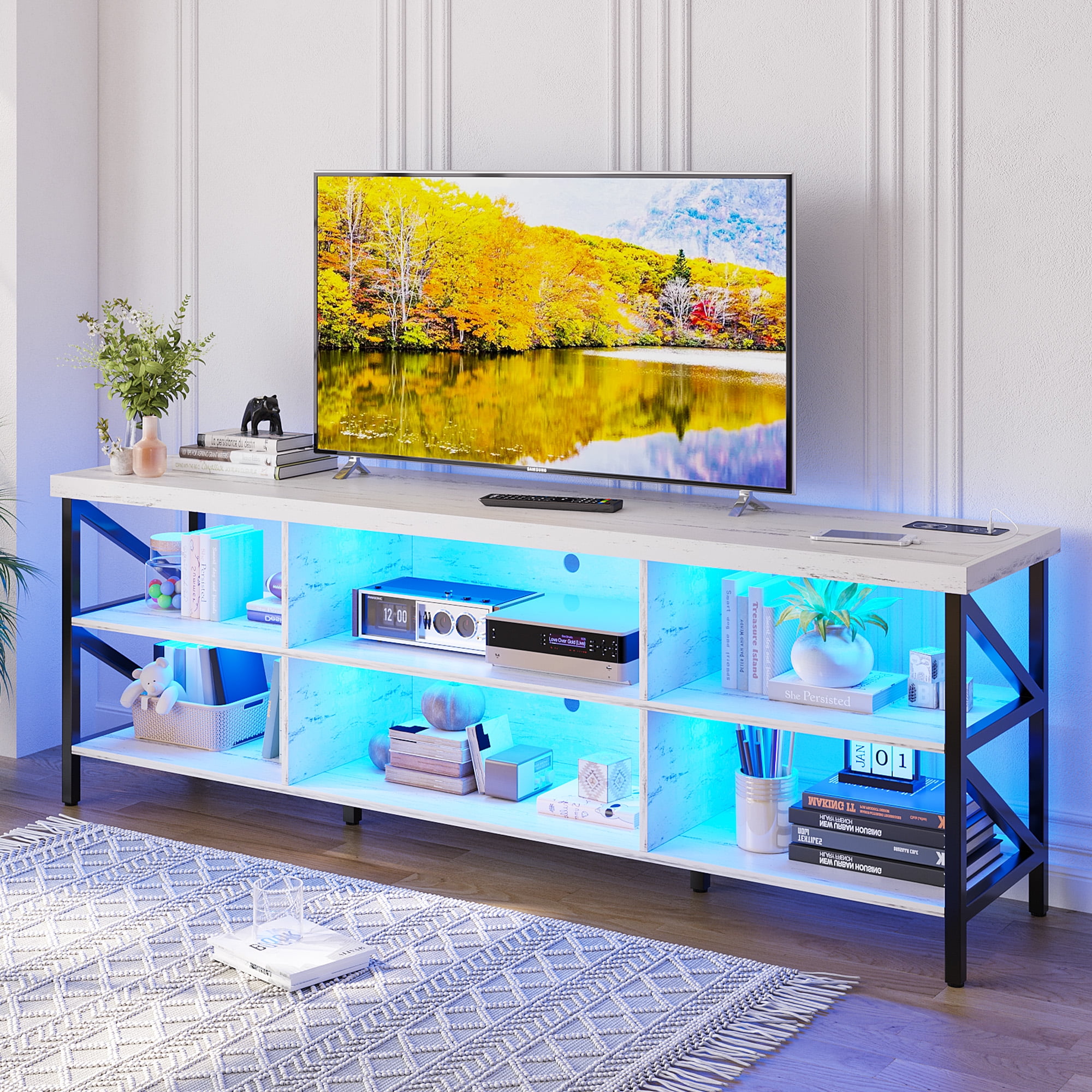 HNEBC LED TV Stand with Charging Station, TV Consoles for Living Room ...