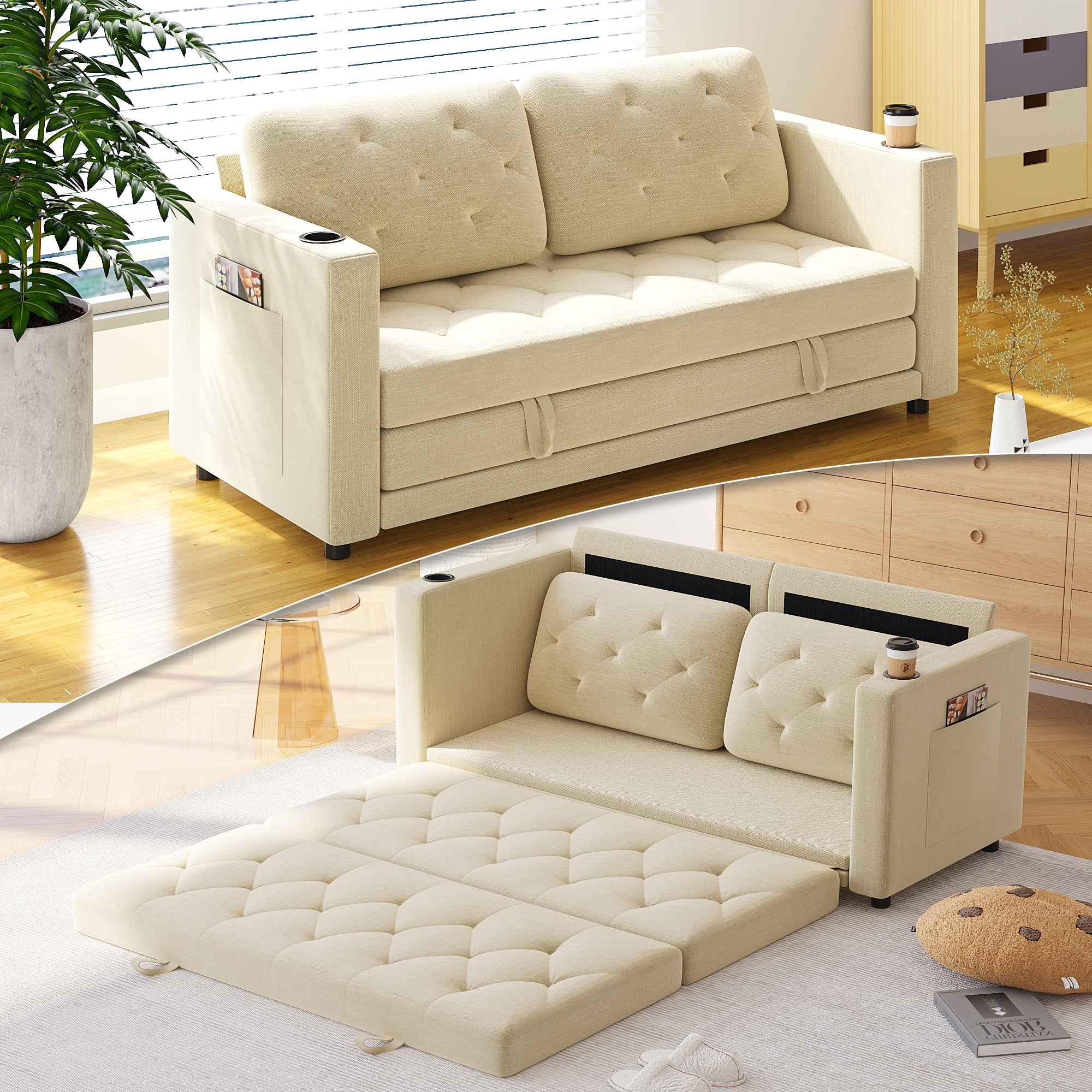 HNEBC Modern Pull Out Couch Convertible Loveseat Sleeper Sofa with Cup ...