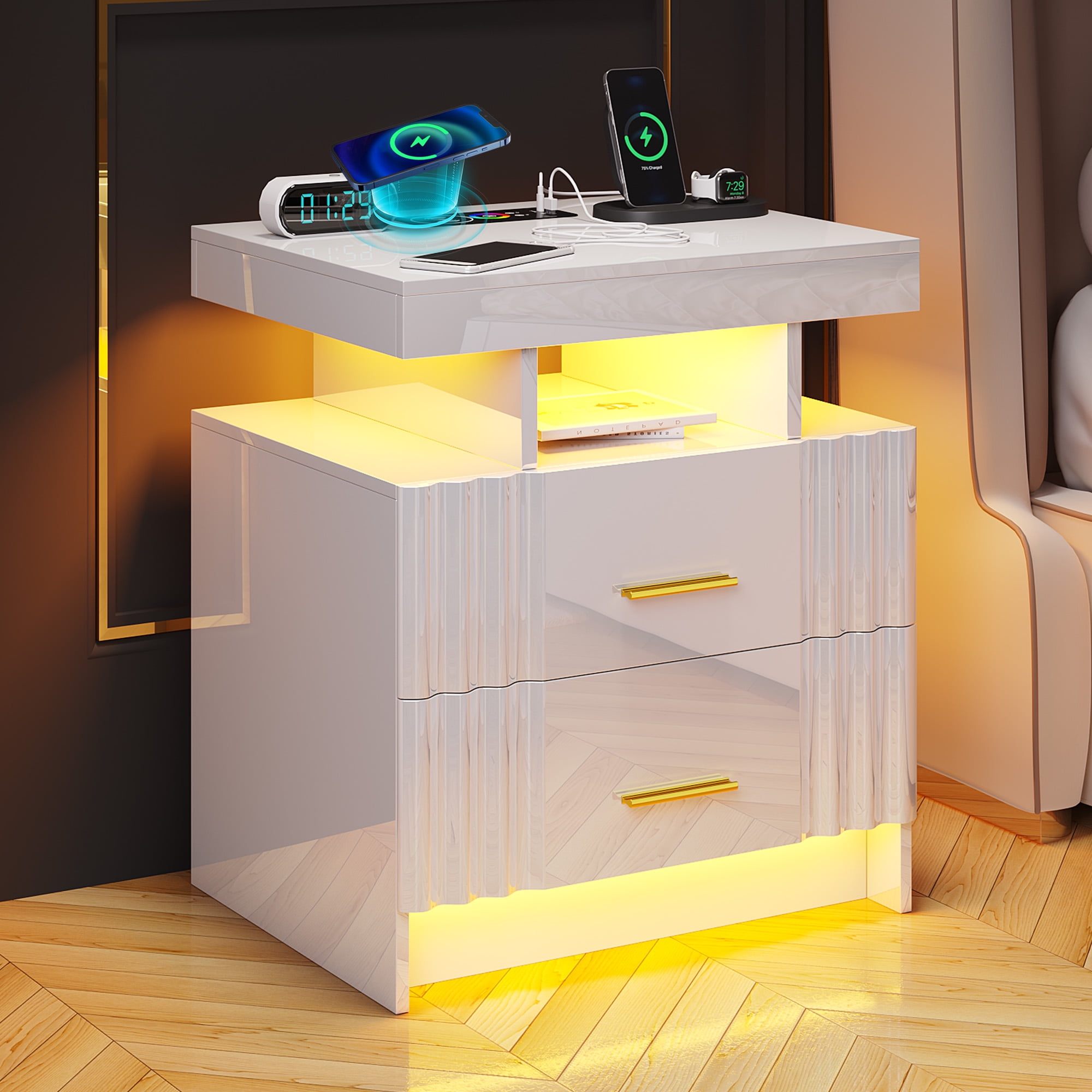 HNEBC Nightstand with Charging Station, LED Night Stand with 2 Drawers ...