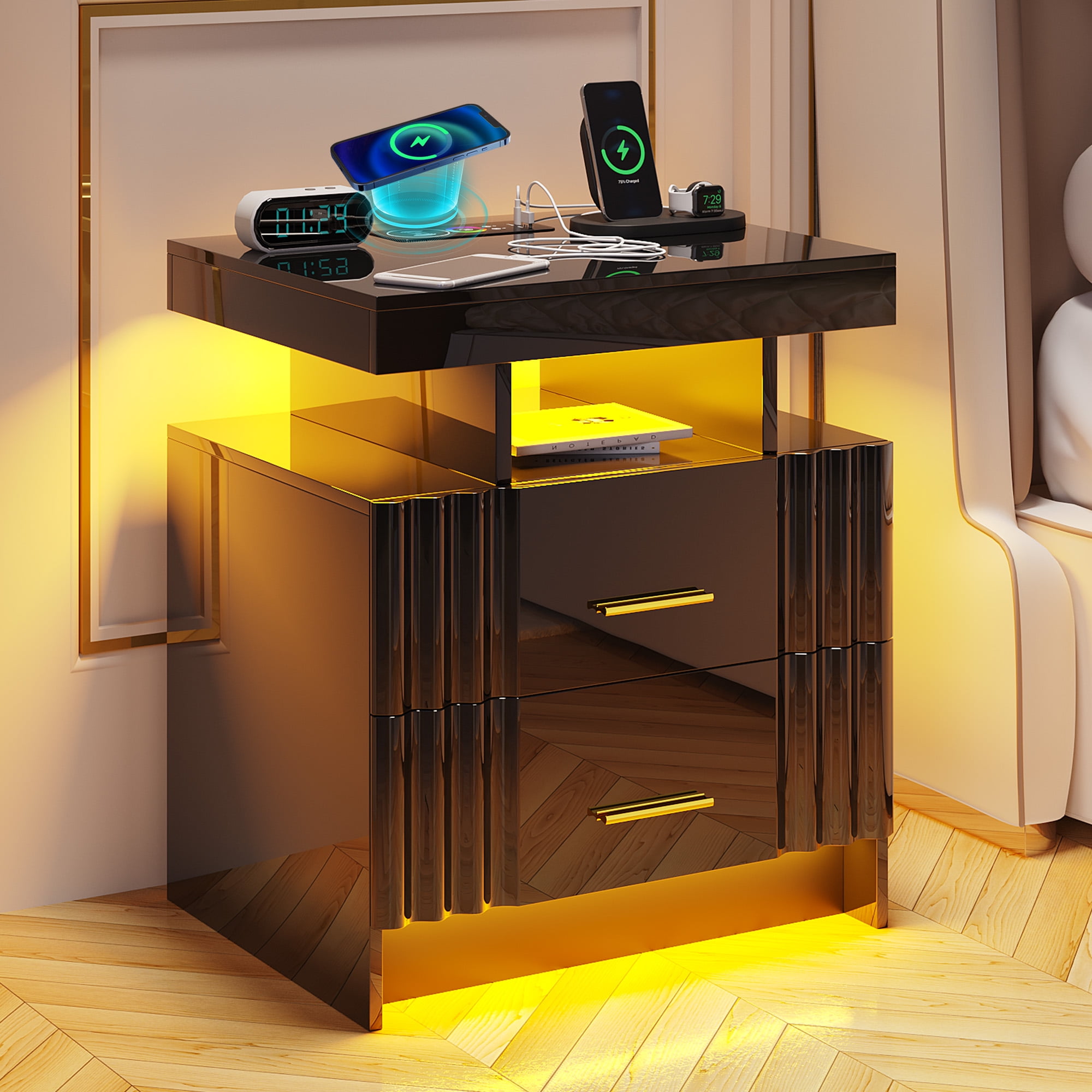 HNEBC Nightstand with Charging Station, LED Night Stand with 2 Drawers ...