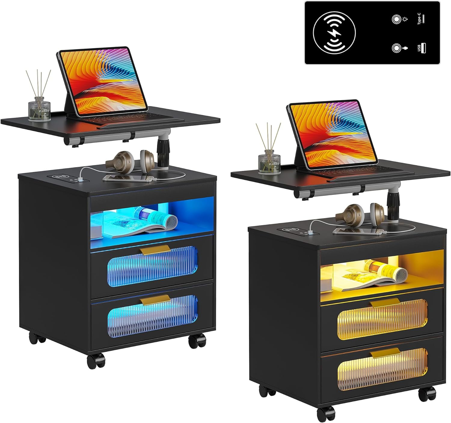 HNEBC Nightstand Set of 2, LED Nightstand with Wireless Charging ...