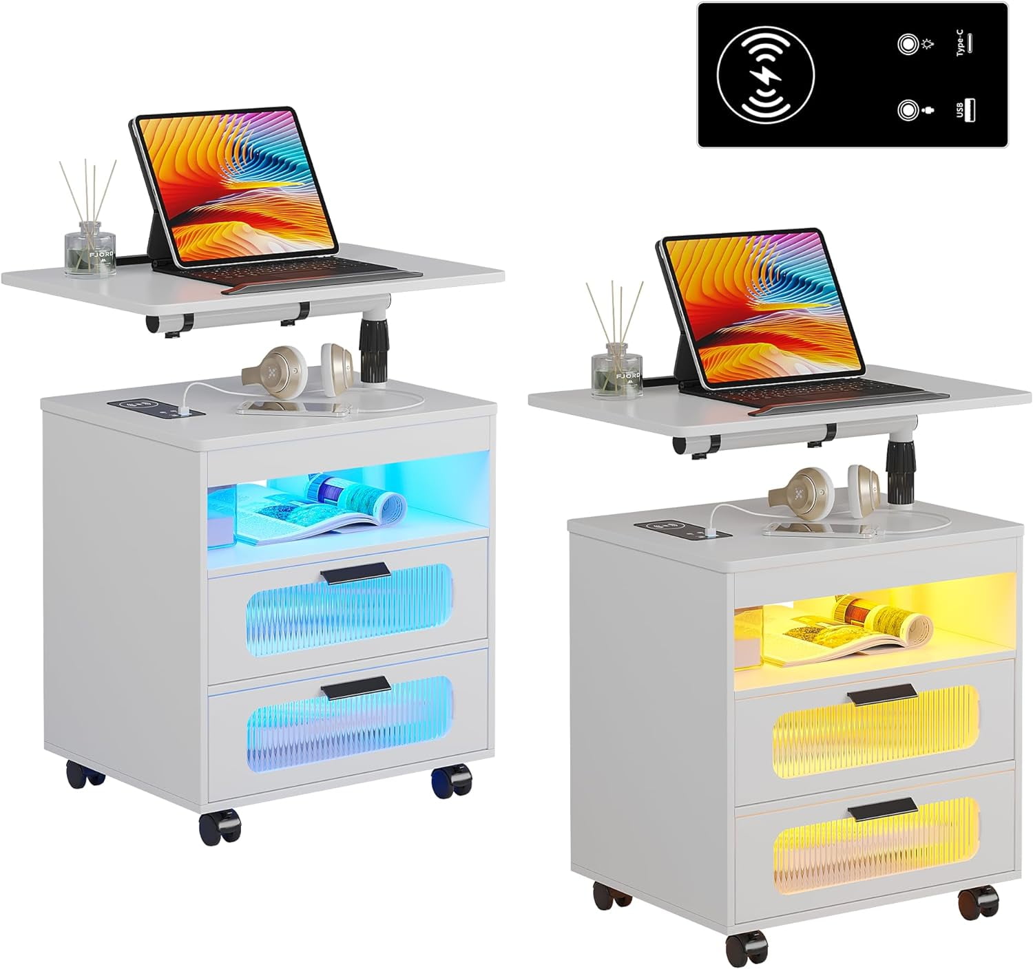 HNEBC Nightstand Set of 2, LED Nightstand with Wireless Charging ...