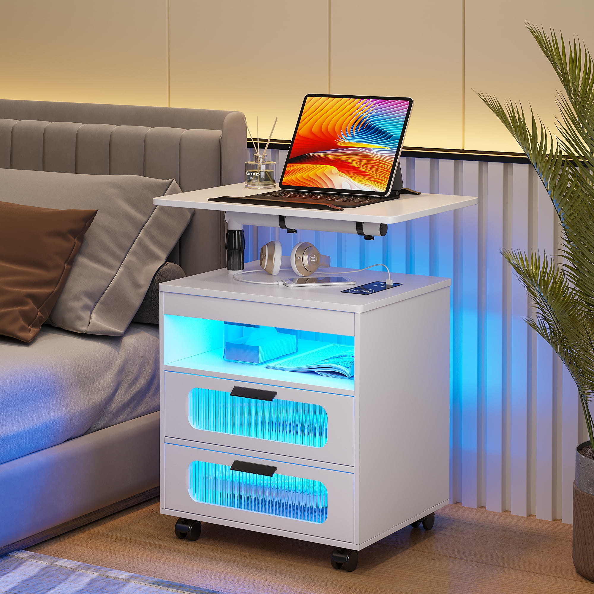 HNEBC Bedside Nightstand with Wireless Charging, USB Phone Charger ...