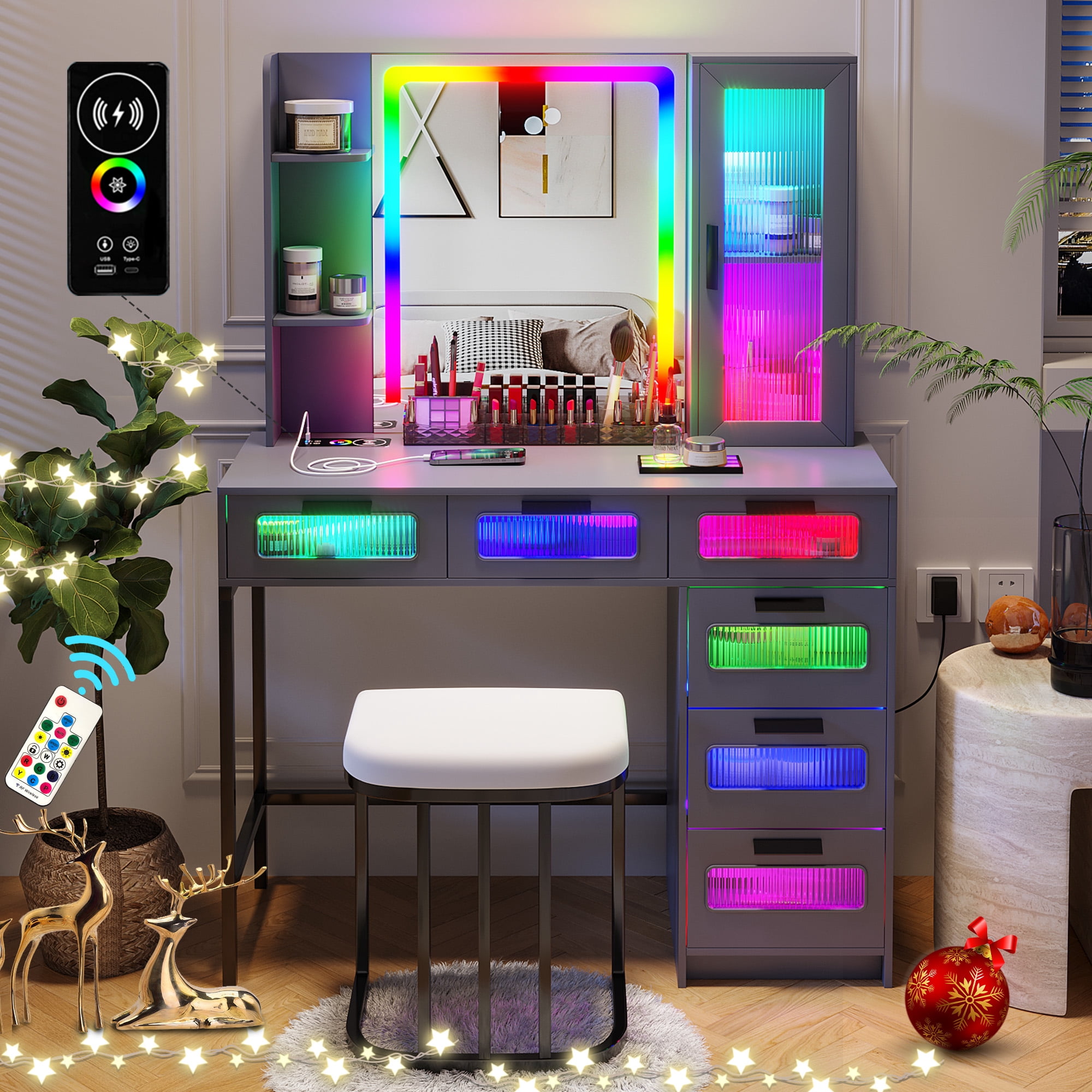 HNEBC Grey LED Vanity with Large Mirror, 6 Drawers, USB/Type-C/Wireless ...