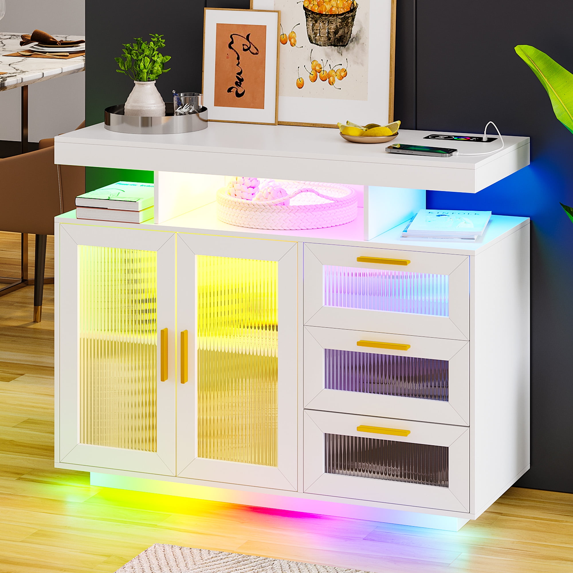 HNEBC RGB LED Coffee Bar Cabinet with Auto Sensor Flow Dazzling Lights ...