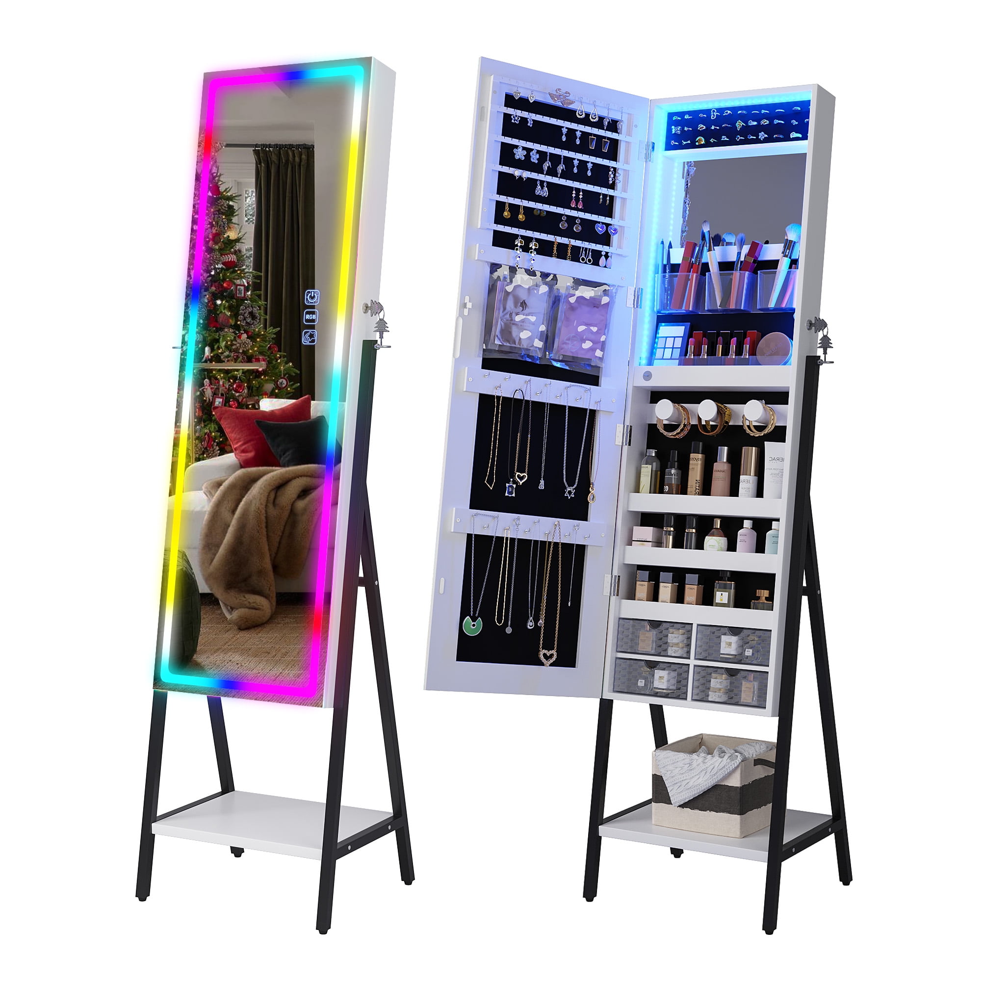 HNEBC RGB LED Mirror Jewelry Cabinet,Standing Jewelry Armoire Organizer ...