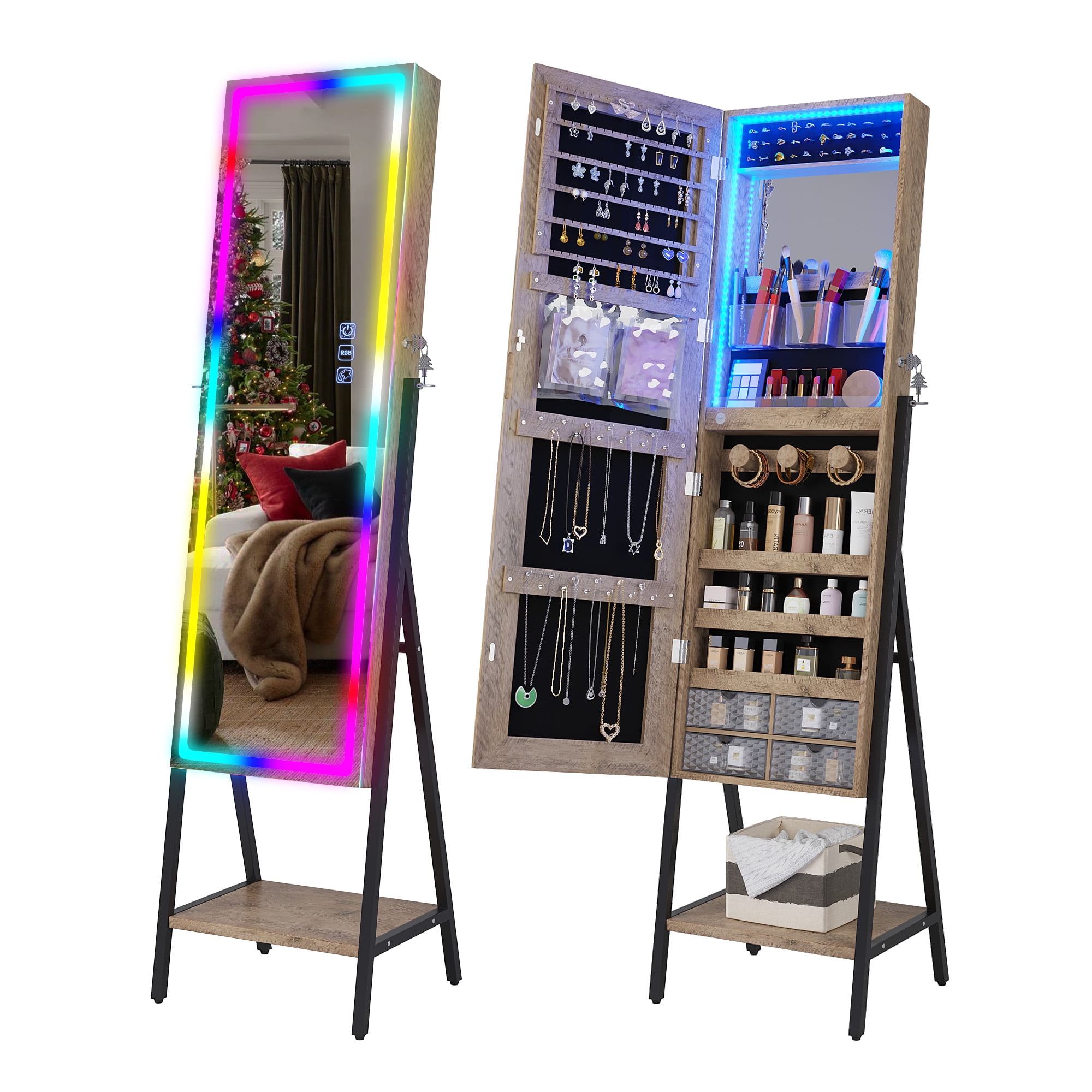 HNEBC RGB LED Mirror Jewelry Cabinet,Standing Jewelry Armoire Organizer ...