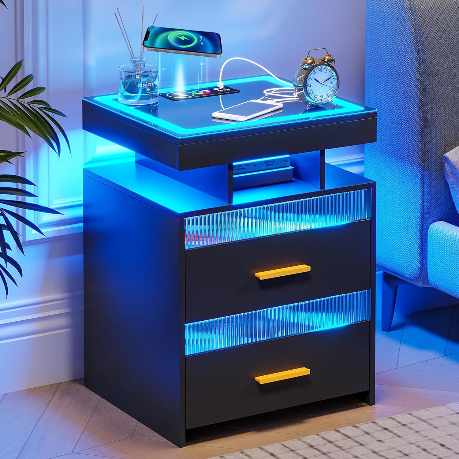 HNEBC RGB LED Night Stand with Wireless Charging Station, Modern ...