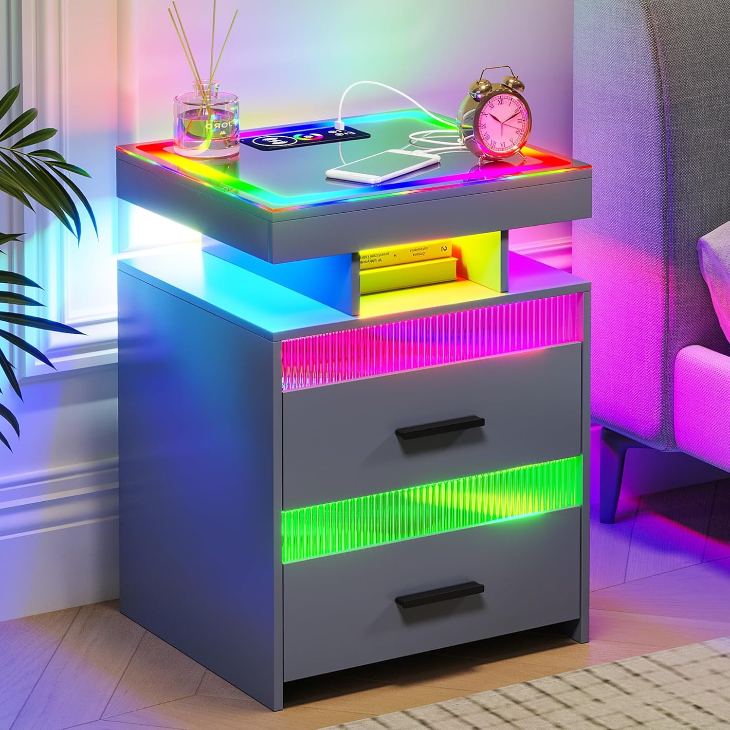 HNEBC RGB LED Night Stand with Wireless Charging Station, Modern ...