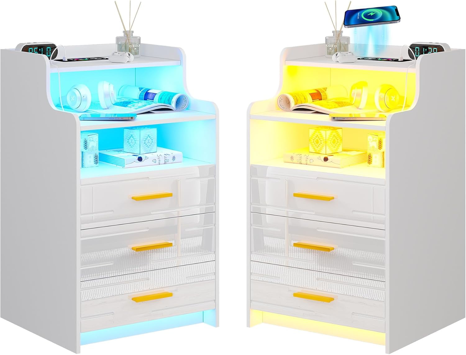 HNEBC RGB LED Nightstand with Charging Station, Black Nightstand with 3 ...