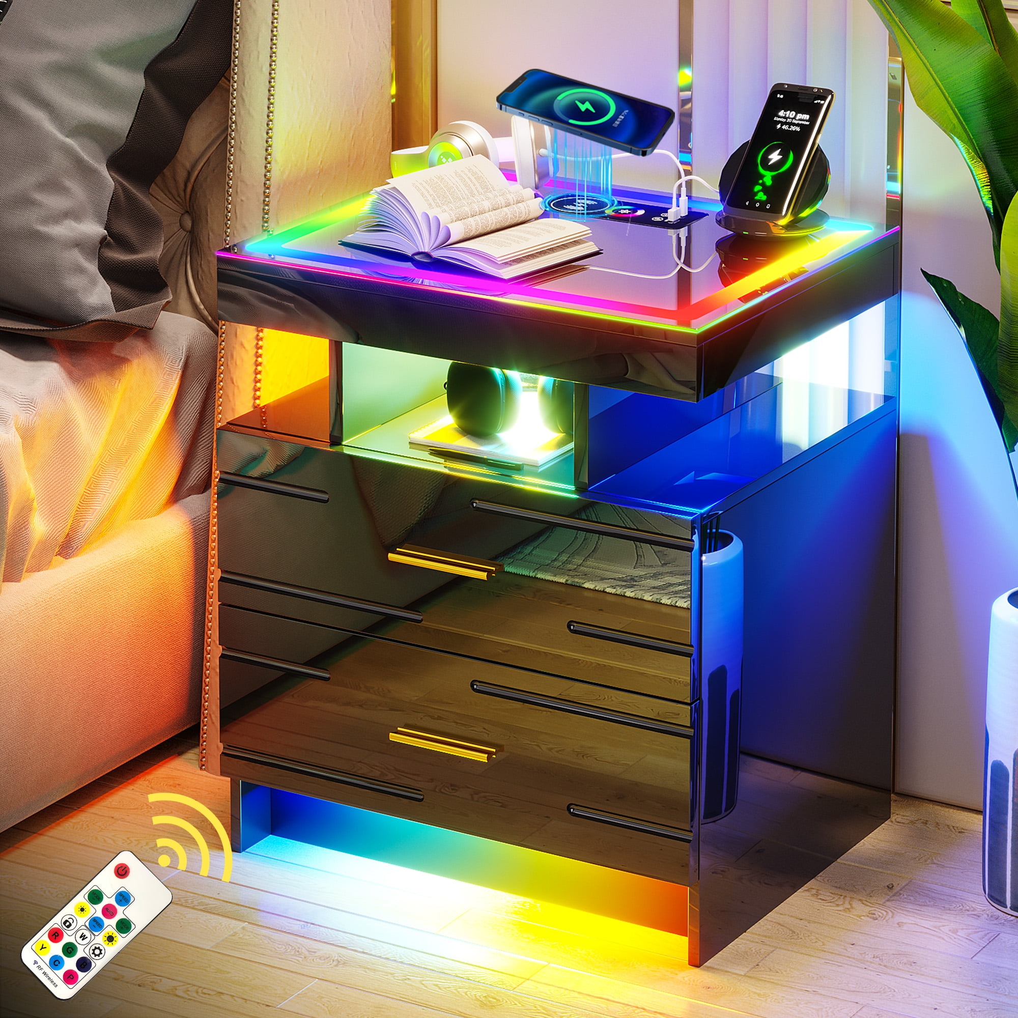 HNEBC RGB LED Nightstand with Charging Station, Night Stand with Touch ...