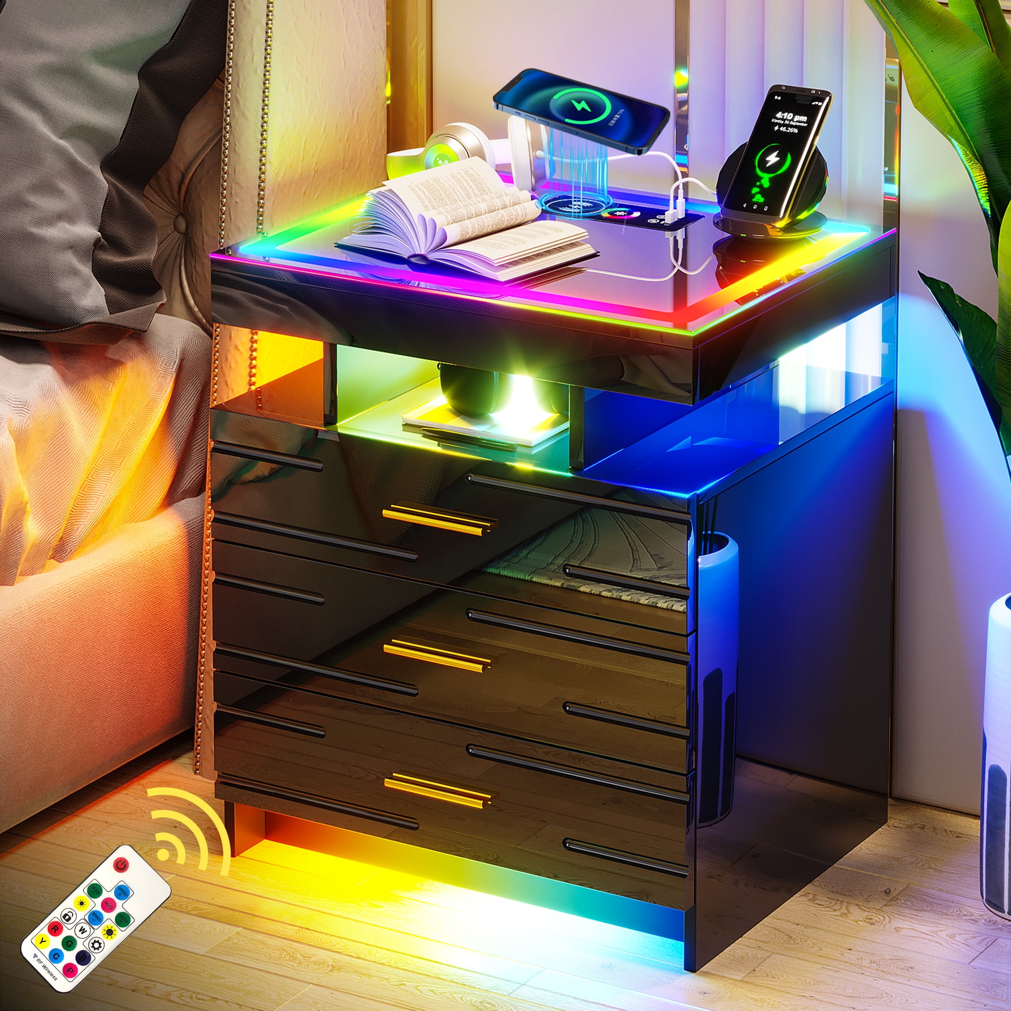 HNEBC RGB LED Nightstand with Charging Station, Night Stand with Touch ...