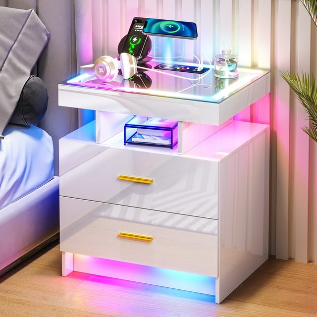 HNEBC RGB LED Nightstand with Wireless Charger, USB Ports, Modern ...