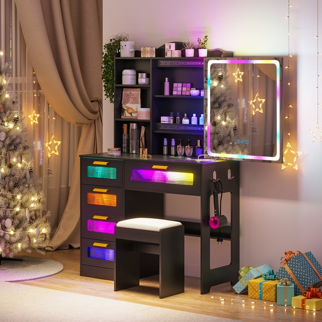 HNEBC Large Bedroom Vanity Desk with RGB LED Lights, Mirror, USB ...
