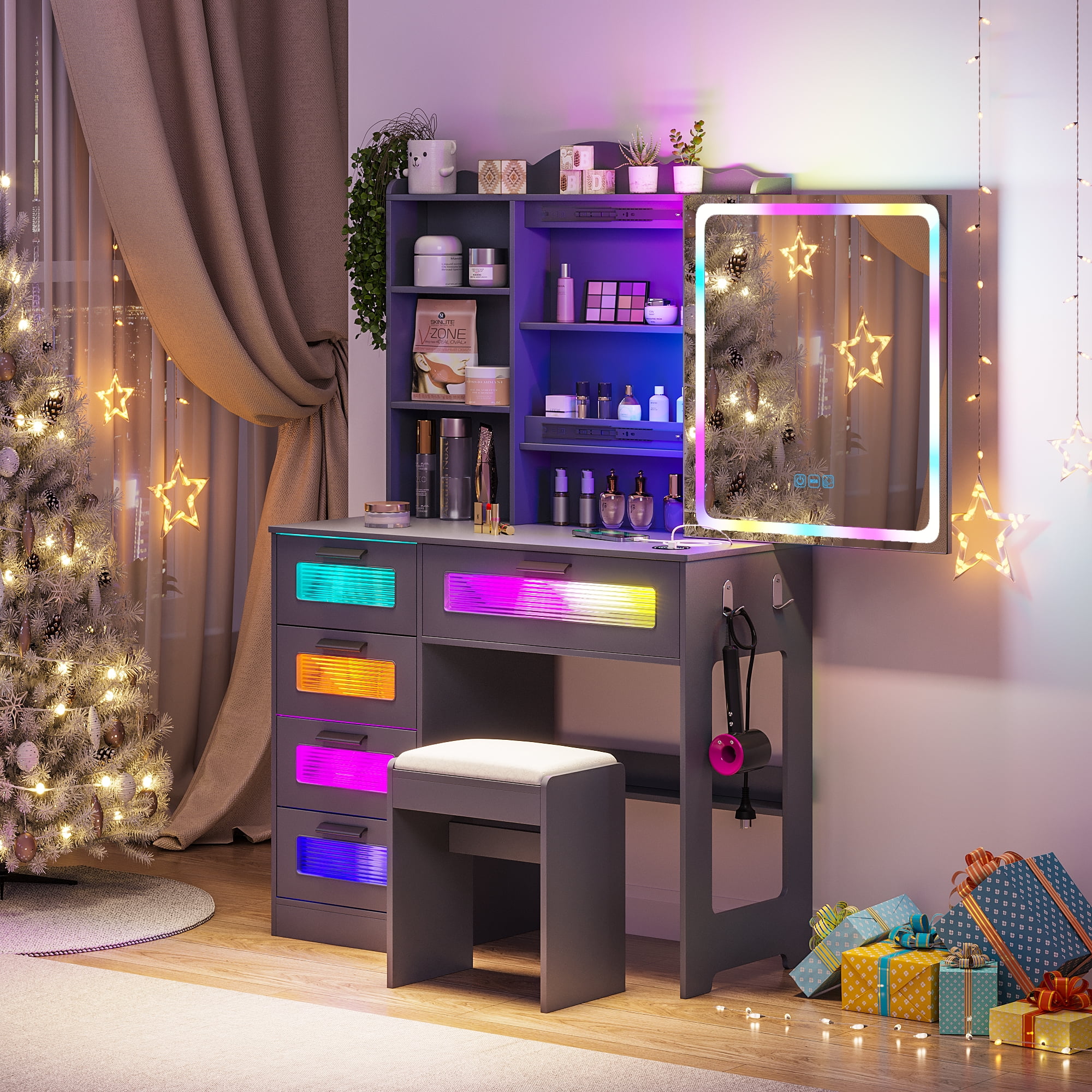 HNEBC Vanity Desk with RGB Lights, Mirror, Stool, USB Charging Station ...