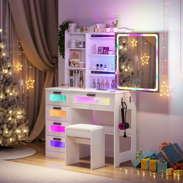 HNEBC Lighted Vanity Desk with RGB LED Mirror, 3-in-1 Charging Station ...