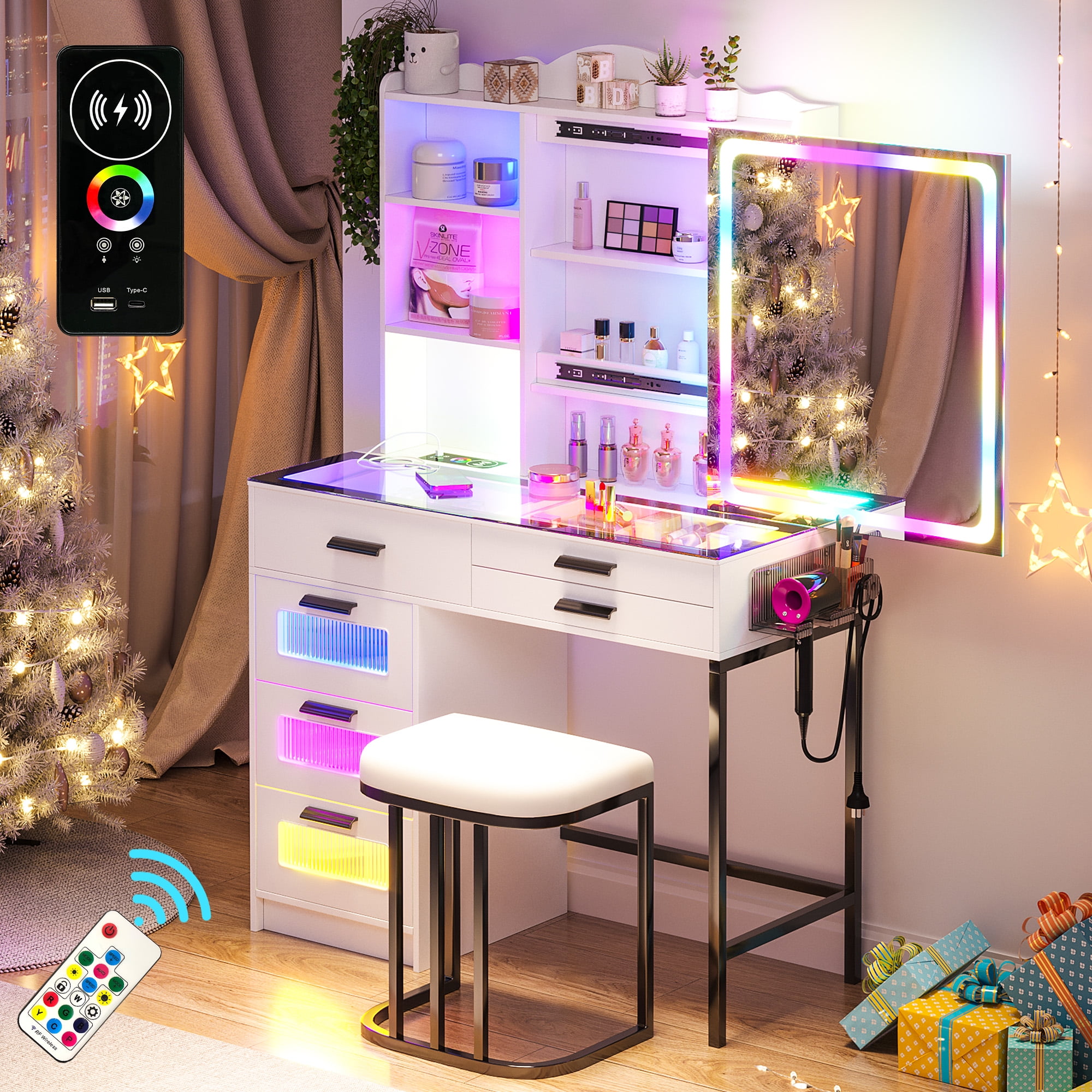 HNEBC RGB Makeup Vanity with Mirror and Storage, Glass-Top Desk ...