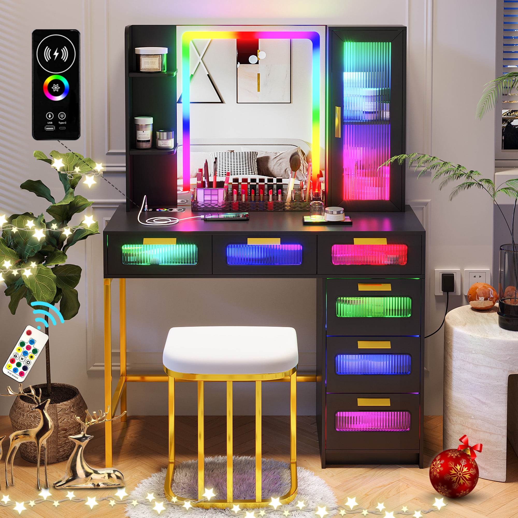 HNEBC LED Vanity Desk with Lights, Mirror, USB, Wireless Charging ...