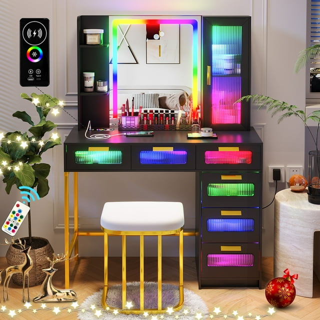 HNEBC LED Vanity Desk with Lights, Mirror, USB, Wireless Charging ...