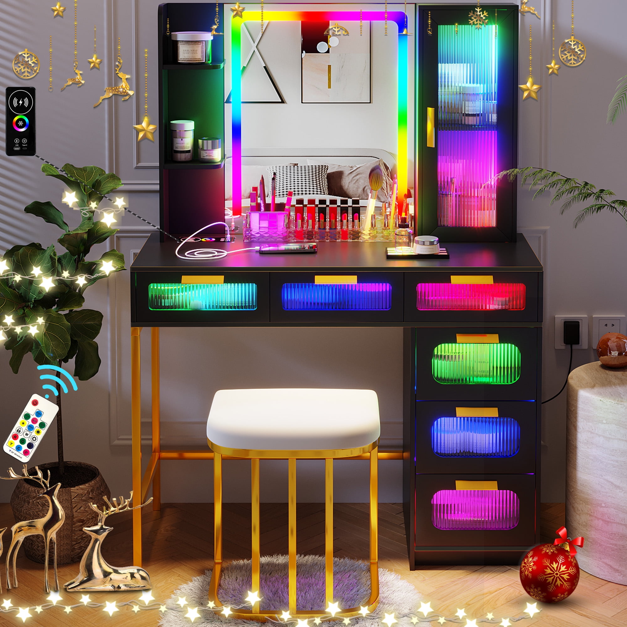HNEBC RGB Vanity Desk with Dazzling Lights and Mirror, Makeup Vanity ...