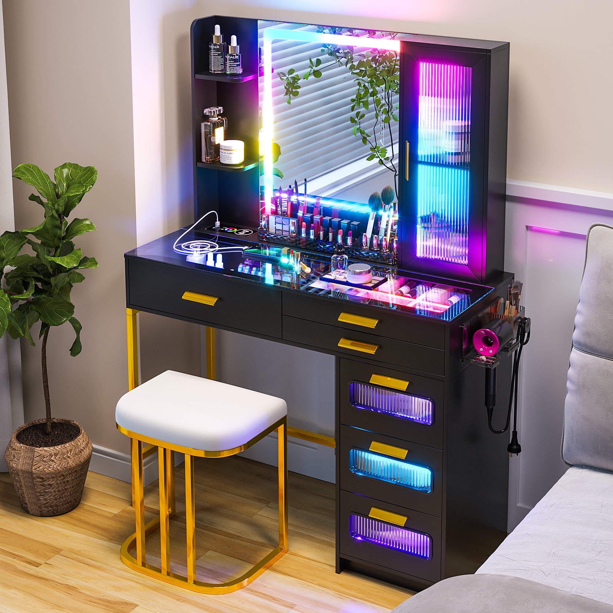 HNEBC RGB Vanity Desk with Lights & USB Charger, Black Makeup Table ...