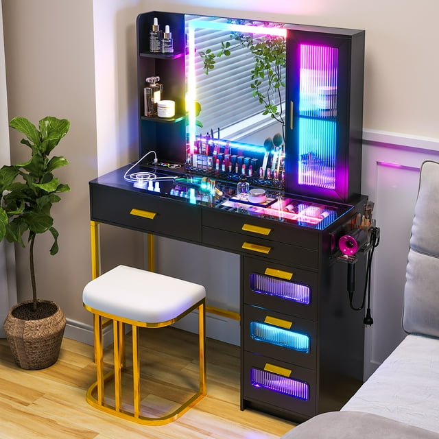 HNEBC RGB Vanity Desk with Lights & USB Charger, Black Makeup Table ...