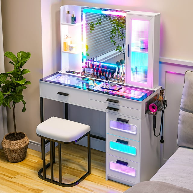 HNEBC RGB Vanity Desk with Lights, Wireless Charging, Glass Top, Stool ...