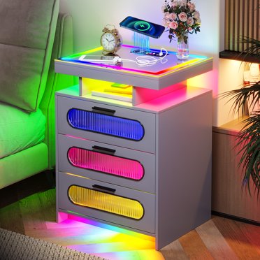 HNEBC LED Nightstand Set of 2 with USB Power Charger, High Gloss ...