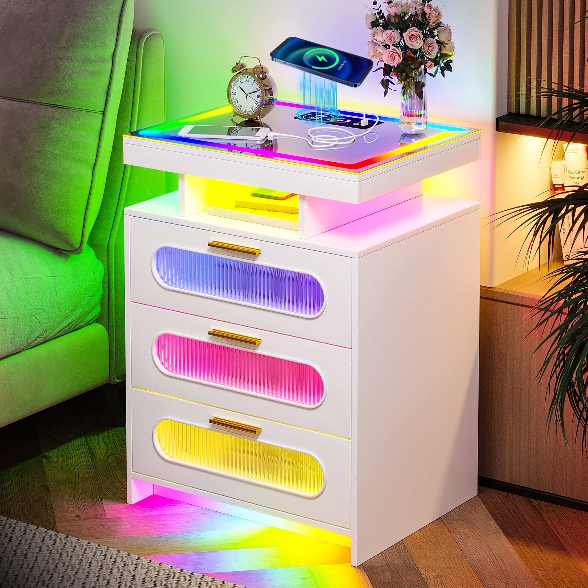HNEBC Smart LED Nightstand with Wireless Charging & USB Ports, Matte ...