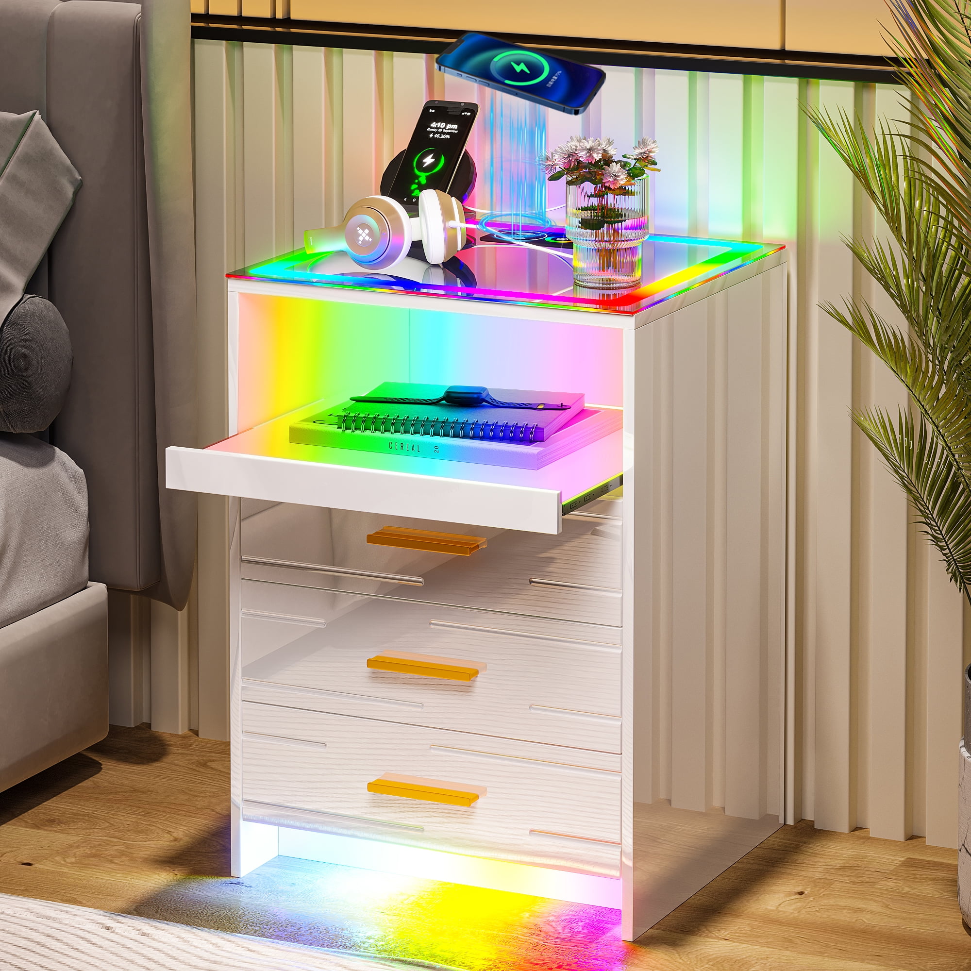 HNEBC Smart Nightstand with Wireless Charging & USB Ports, RGB LED ...