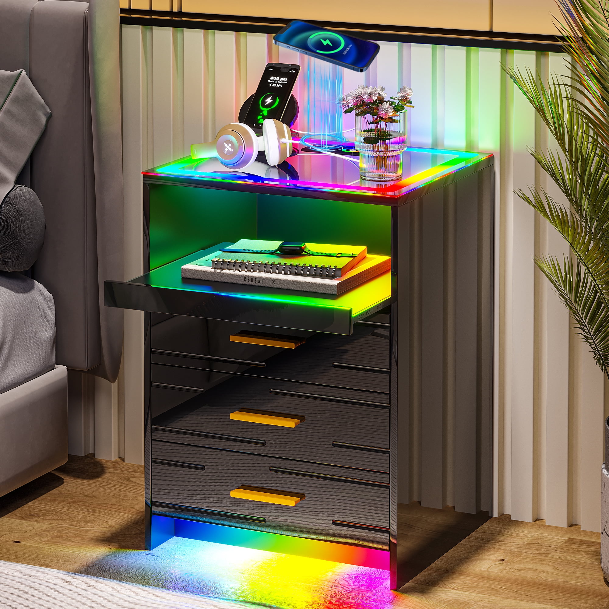 HNEBC Smart Nightstand with Wireless Charging & USB Ports, RGB LED ...