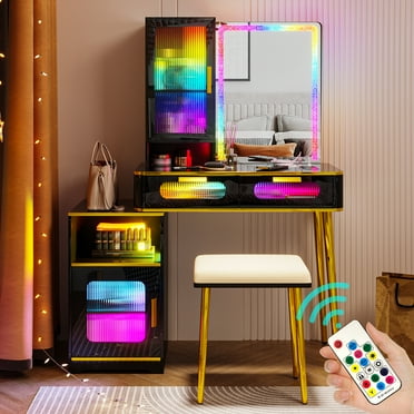 Vanity Desk with Lighted Mirror & Charging Station & 3 Drawers & RGB ...