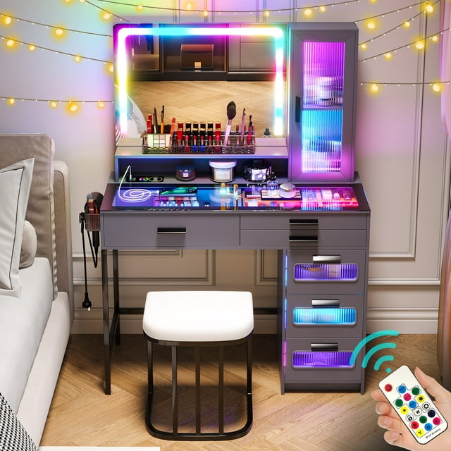 HNEBC LED Vanity Desk with Mirror, RGB Lights, Wireless Charging, Glass ...