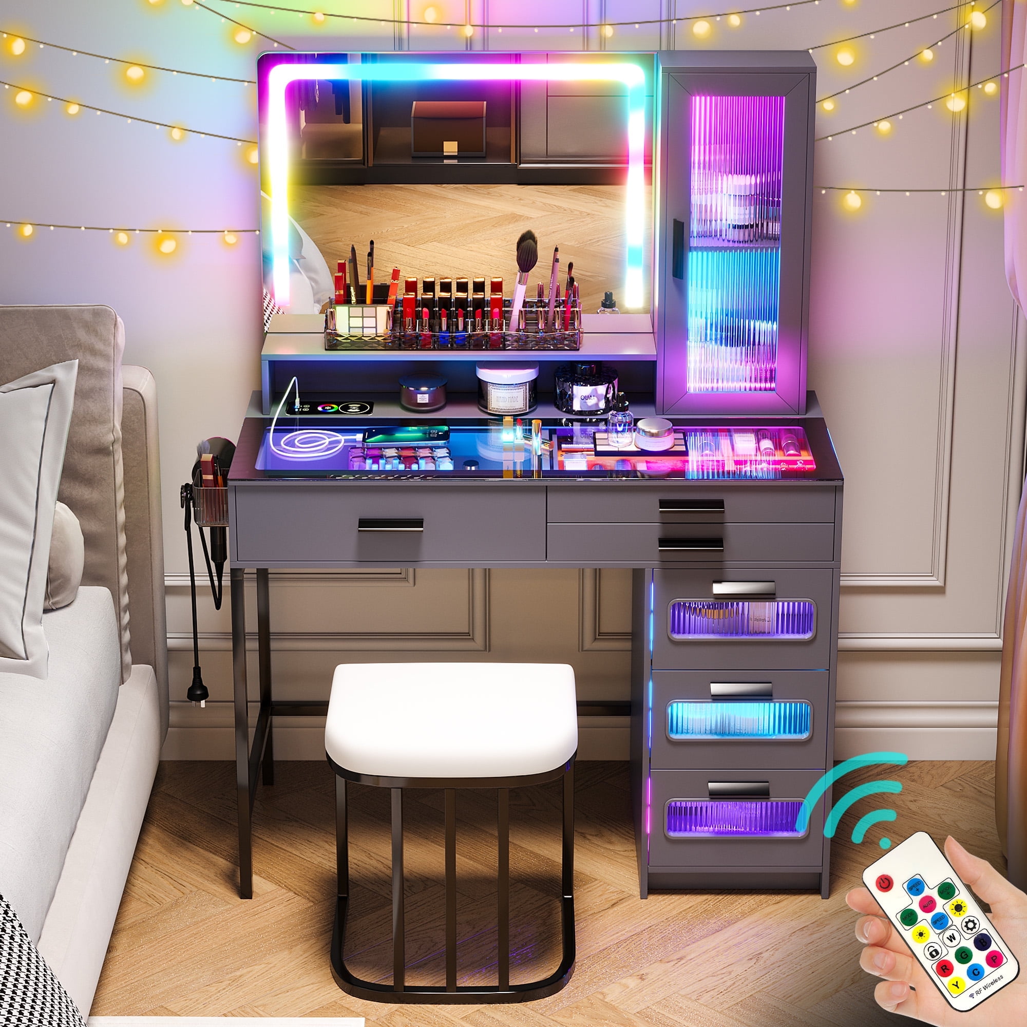 HNEBC LED Vanity Desk with Mirror, RGB Lights, Wireless Charging, Glass ...