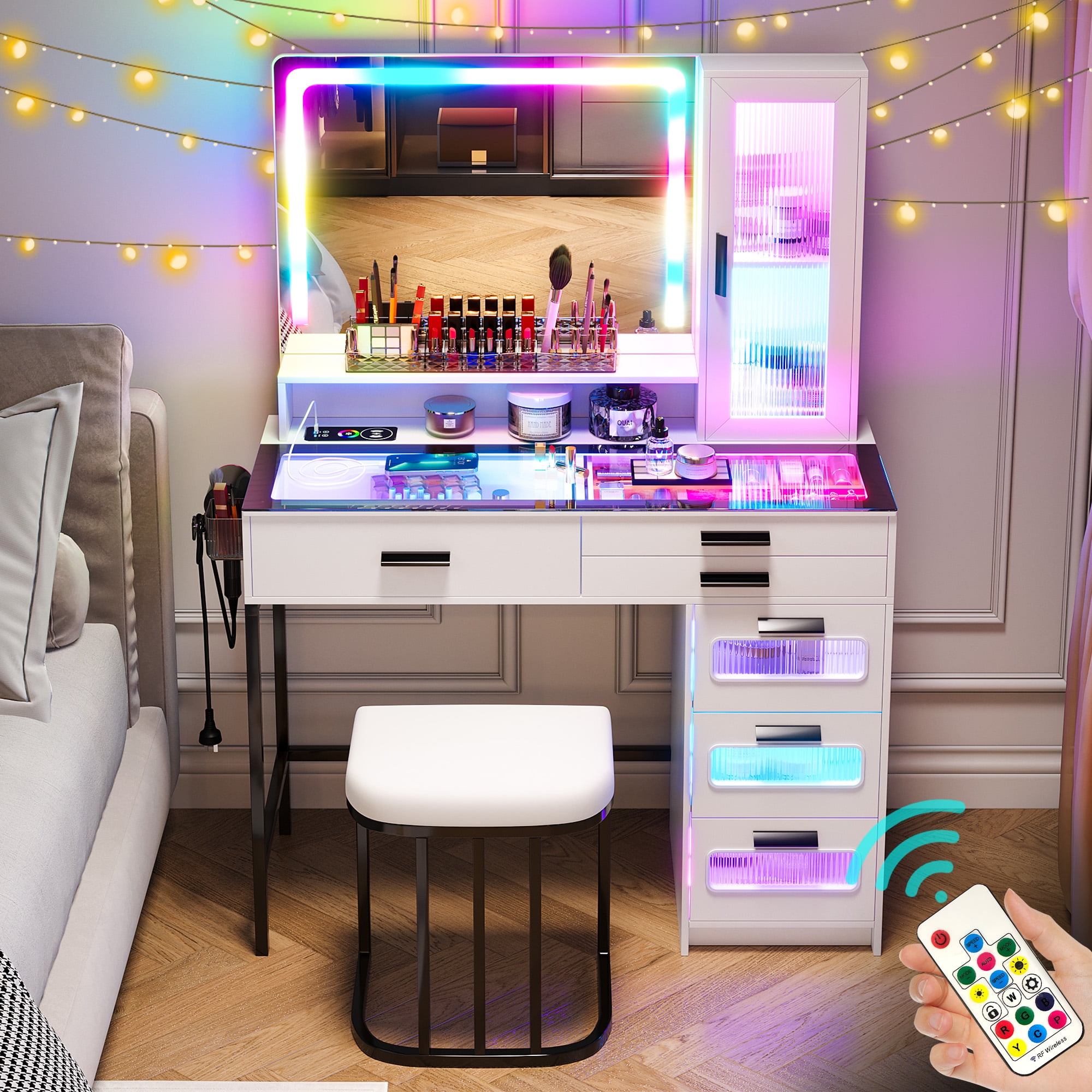 HNEBC Glass Top Vanity Desk with RGB Lights, Wireless Charging, Cushion ...