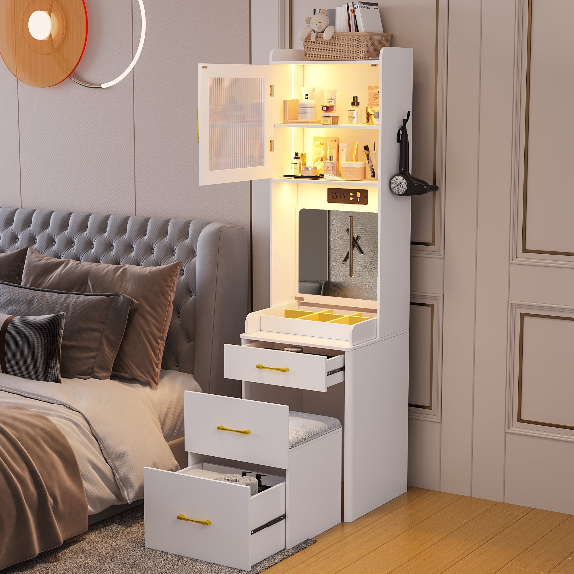 HNEBC Small Vanity Desk with Flip-up Mirror, Light, and USB Port ...