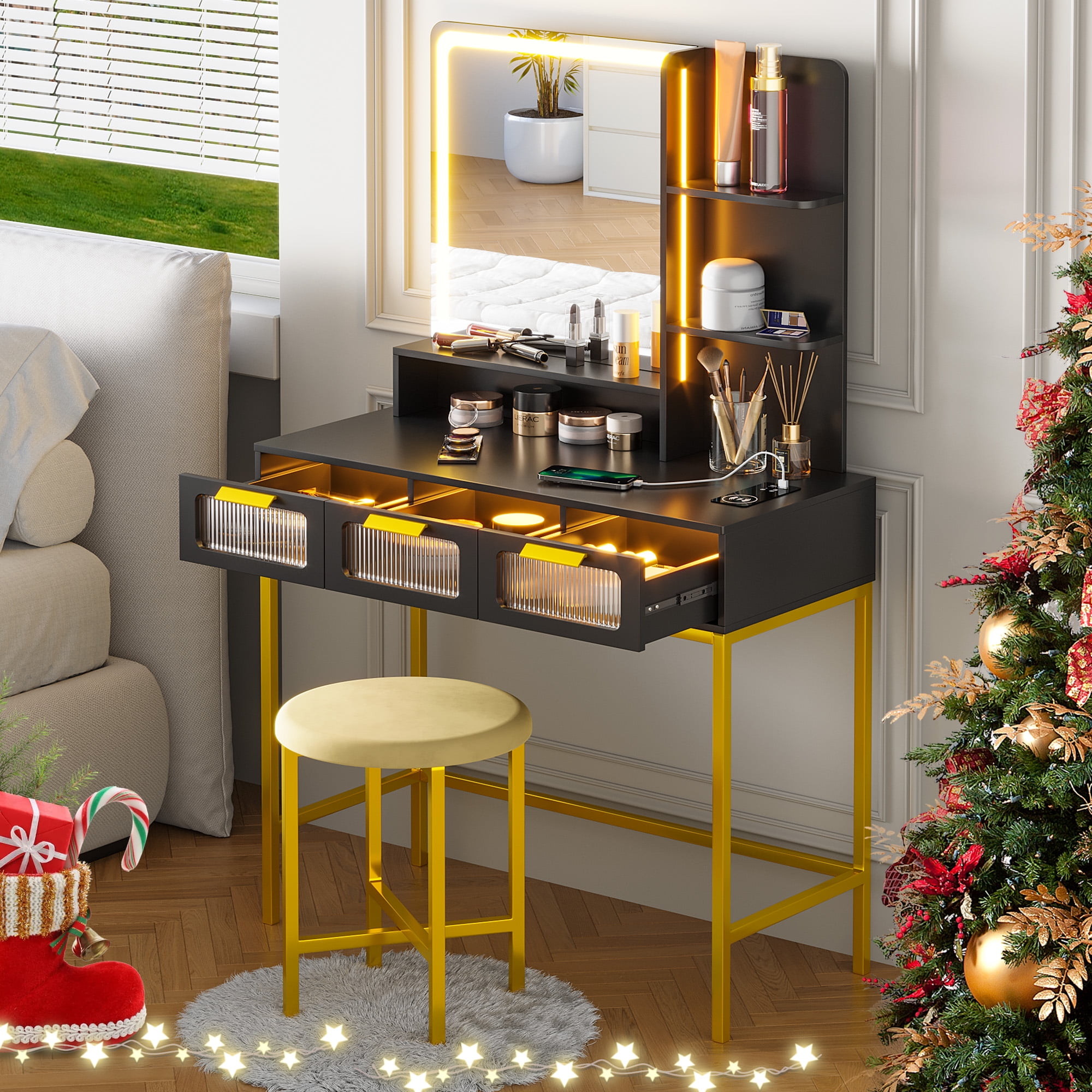 HNEBC Vanity with Lights, Vanity Desk with LED Mirror, Makeup Vanity ...