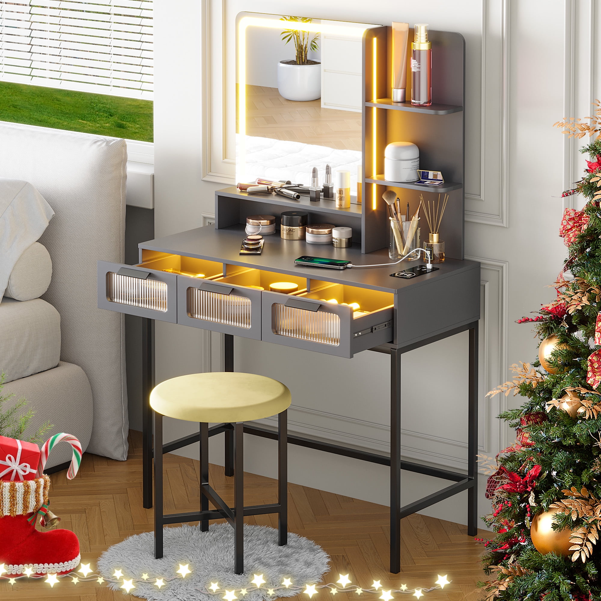 HNEBC Vanity with LED Mirror, Built Drawers, Stool, USB Charging ...