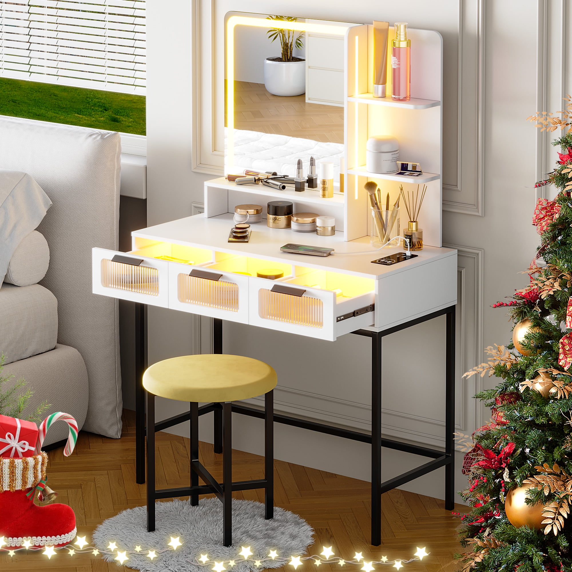 HNEBC Vanity with Lights, Vanity Desk with LED Mirror, Makeup Vanity ...