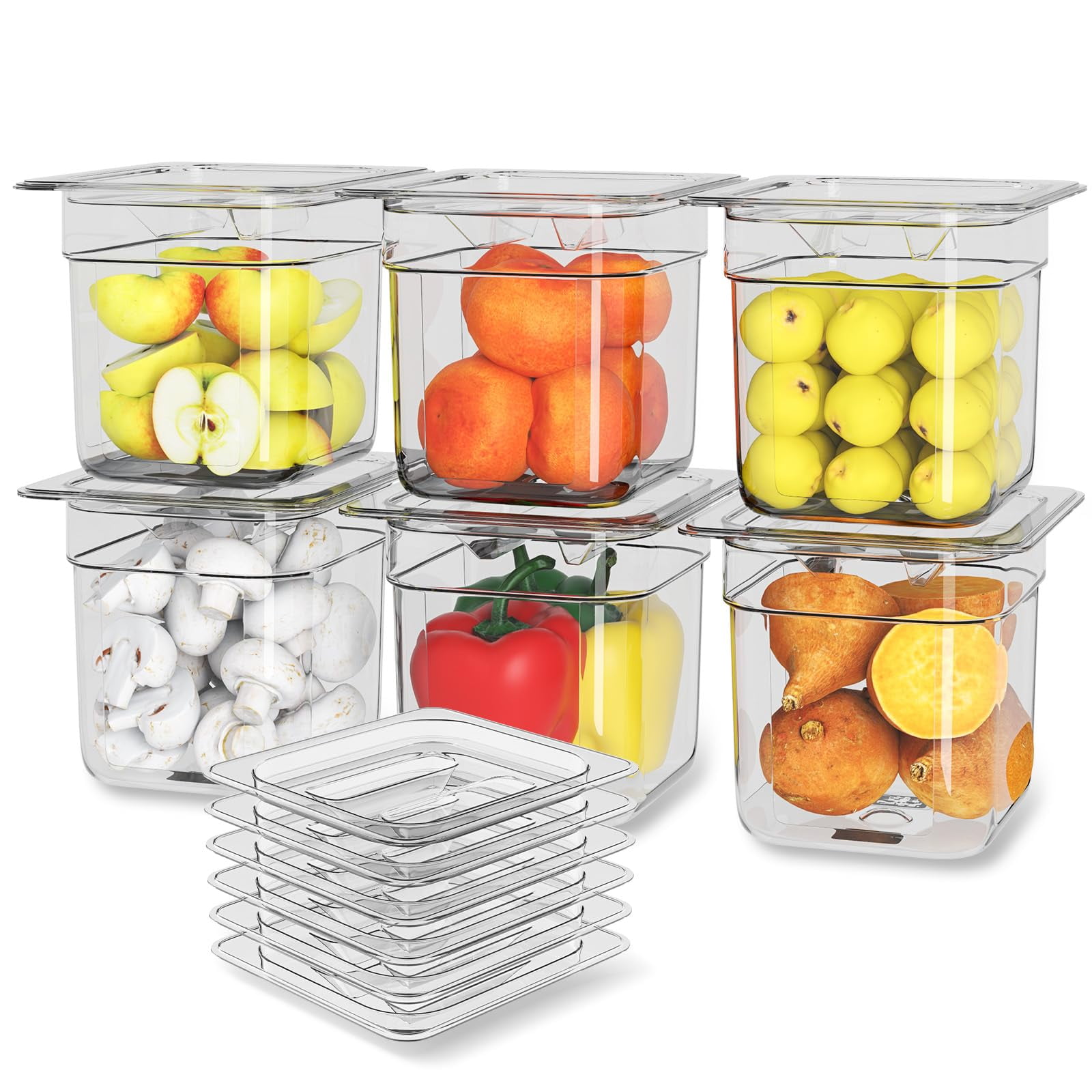 HNEDSEN 6 Pack Plastic Food Pan with Lid 1/6 Size 6 Inch Deep ...