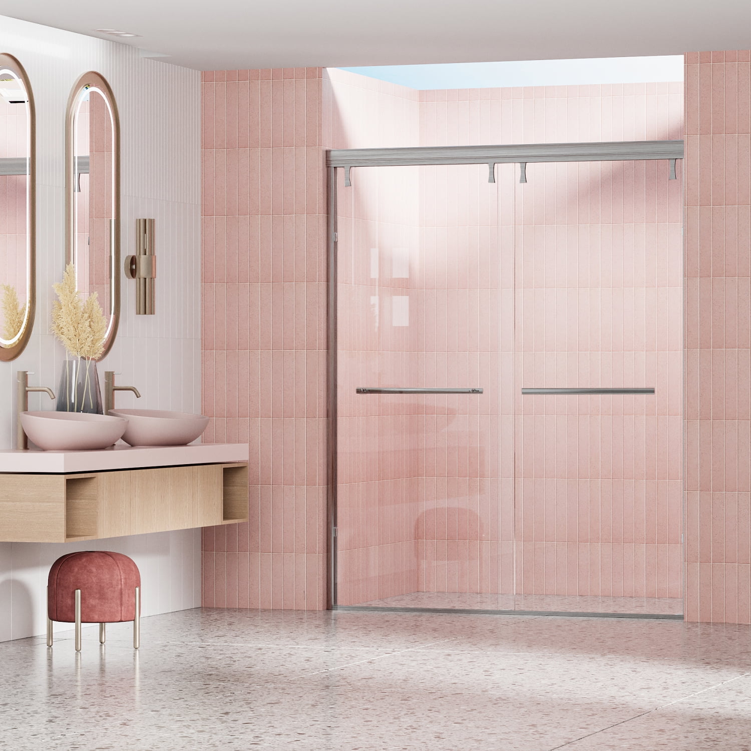 HNGKNG 44 - 48 in. W x 72 in. H Semi-Frameless Shower Door Double Sliding Shower Door 1/4” (6mm ...