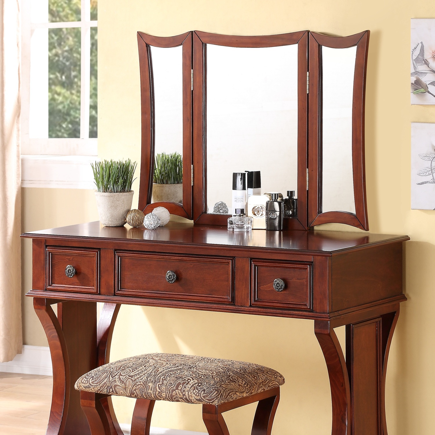 HNGKNG Unique Modern Bedroom Vanity Set w Stool Foldable Mirror Drawers ...