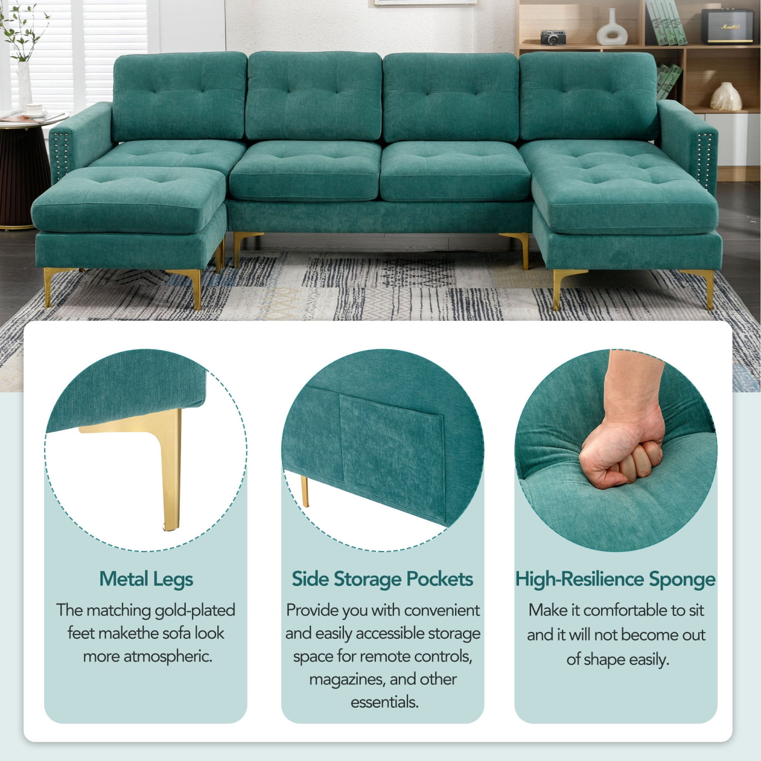 Green Stylish 110” L-Shape Convertible Sectional Sofa Couch with ...