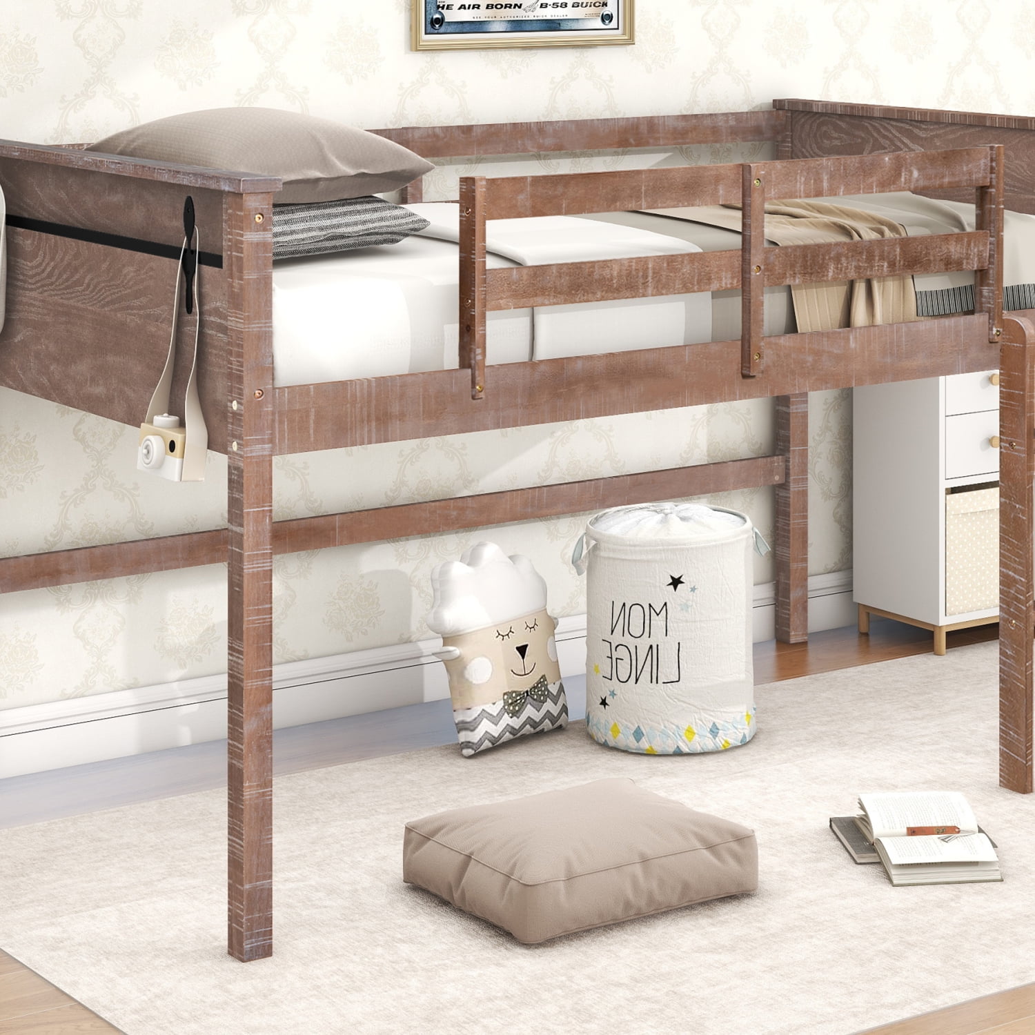 White Rustic Natural Wood Twin Size Loft Bed with Convenient Hanging ...