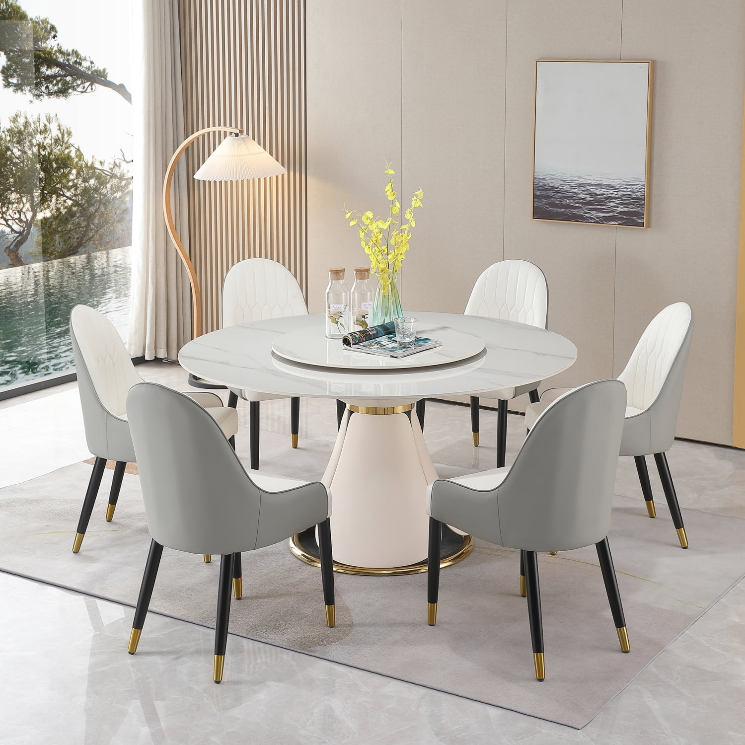 HNGMTNG 59.05”Modern Sintered stone dining table with 31.5” round ...